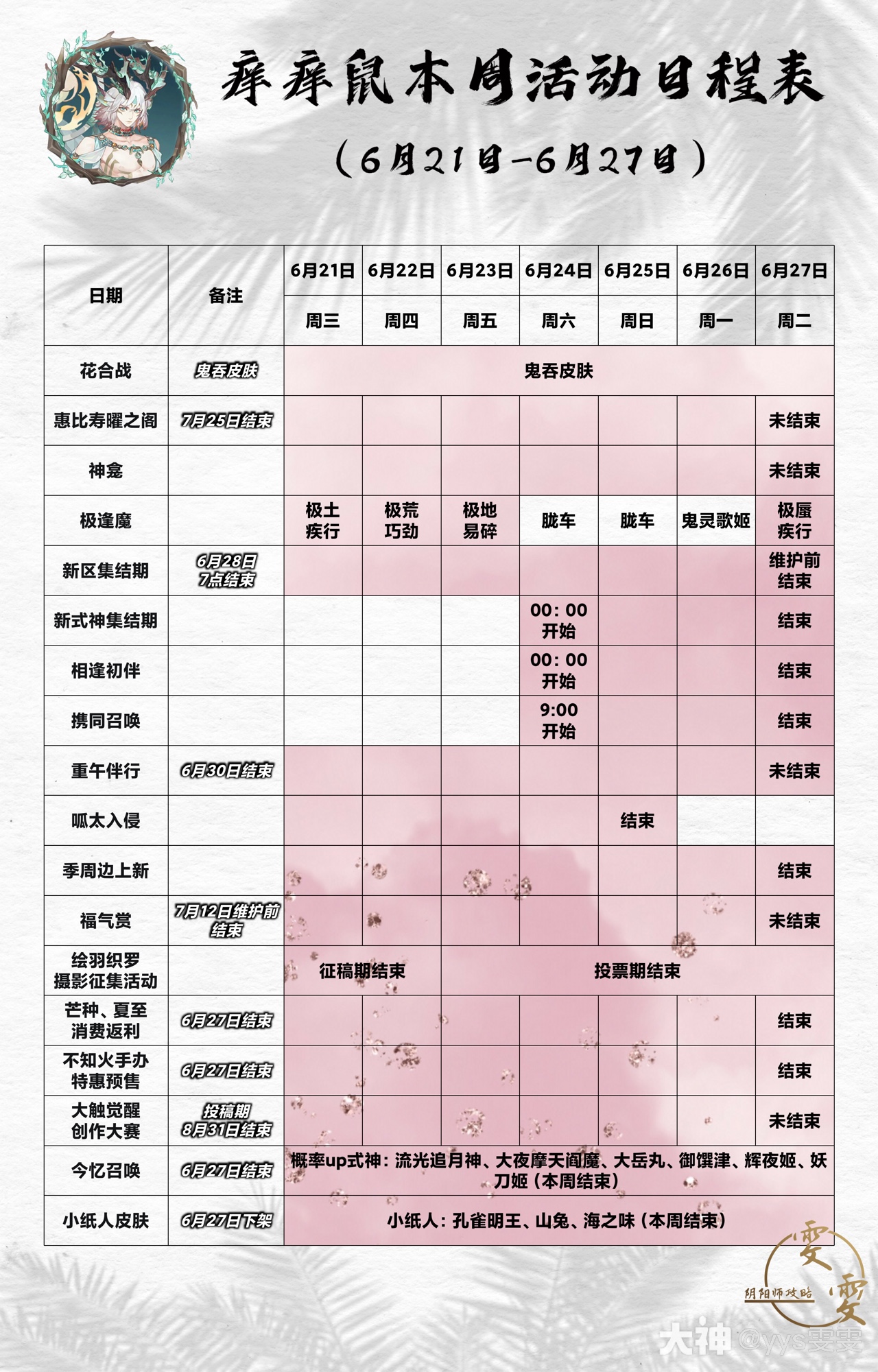 yys本周活动日程表】6.21-6_阴阳师 | 大神