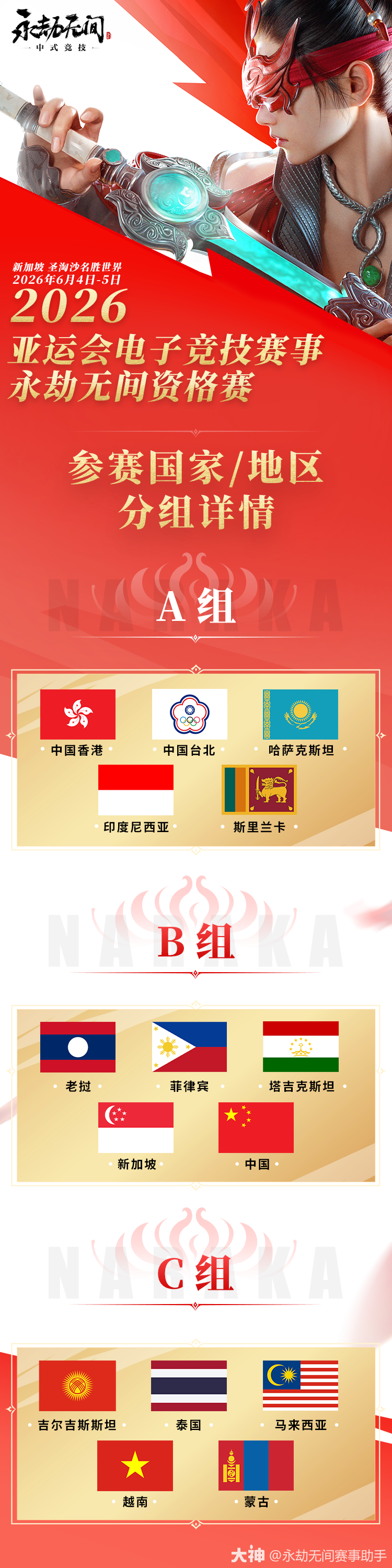 2026亚运会电子竞技项目永劫无间资格赛参赛国家/地区分组详_永劫无间端游 | 大神