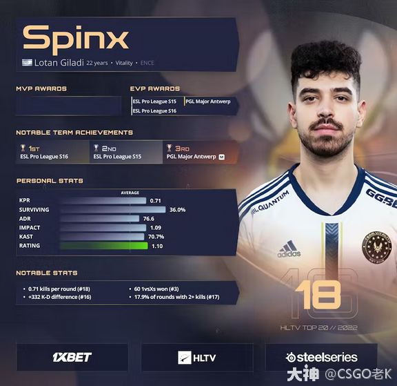 HLTV年度排行榜公布！2022职业选手排名TOP18:Spinx_CSGO | 大神